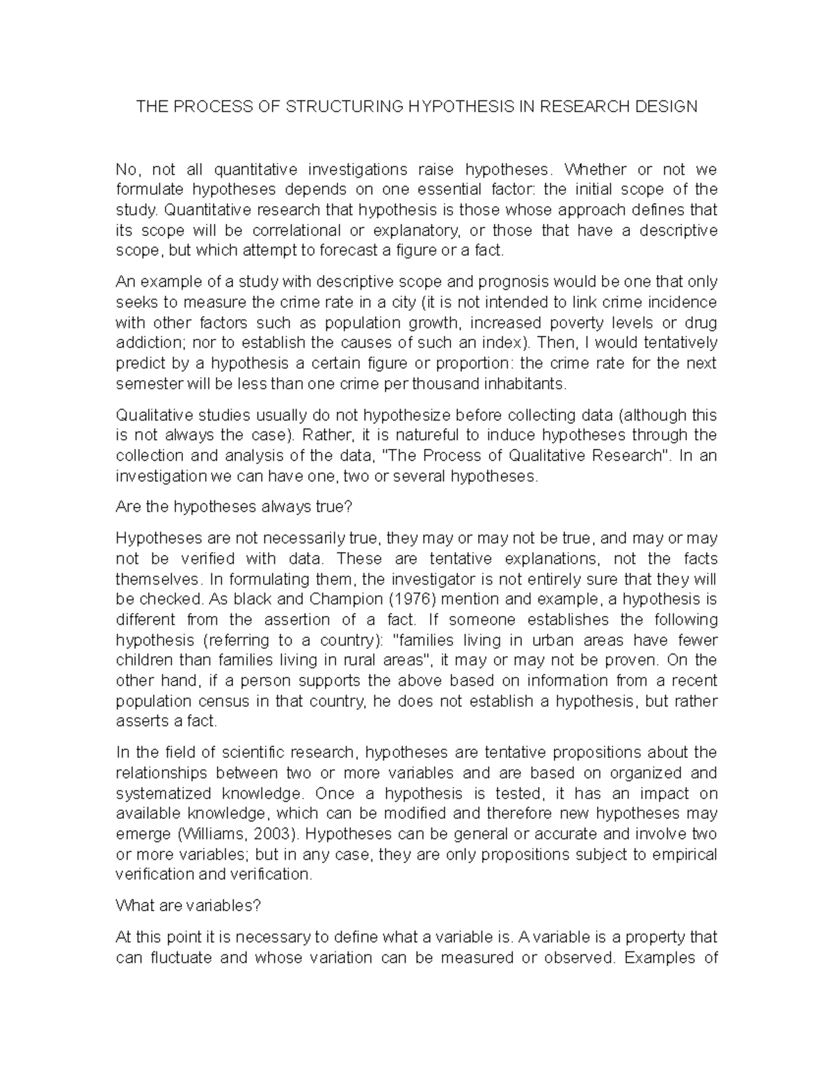 THE PROCESS OF STRUCTURING HYPOTHESIS IN RESEARCH DESIGN - Whether or ...