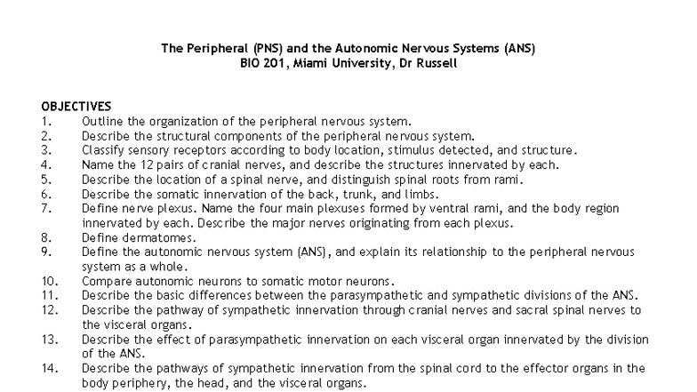 BIO 201 - PNS and ANS Study Notes for Final Exam - Studocu
