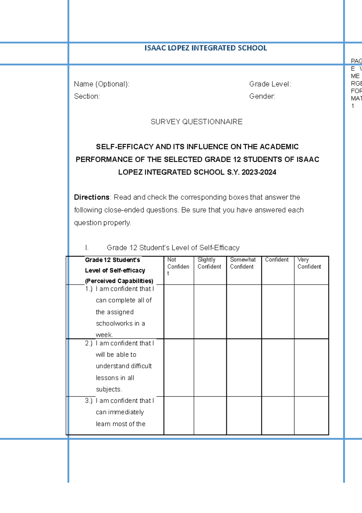 Survey Questionnaire on Self-Efficacy in Academic Performance: G12 ...