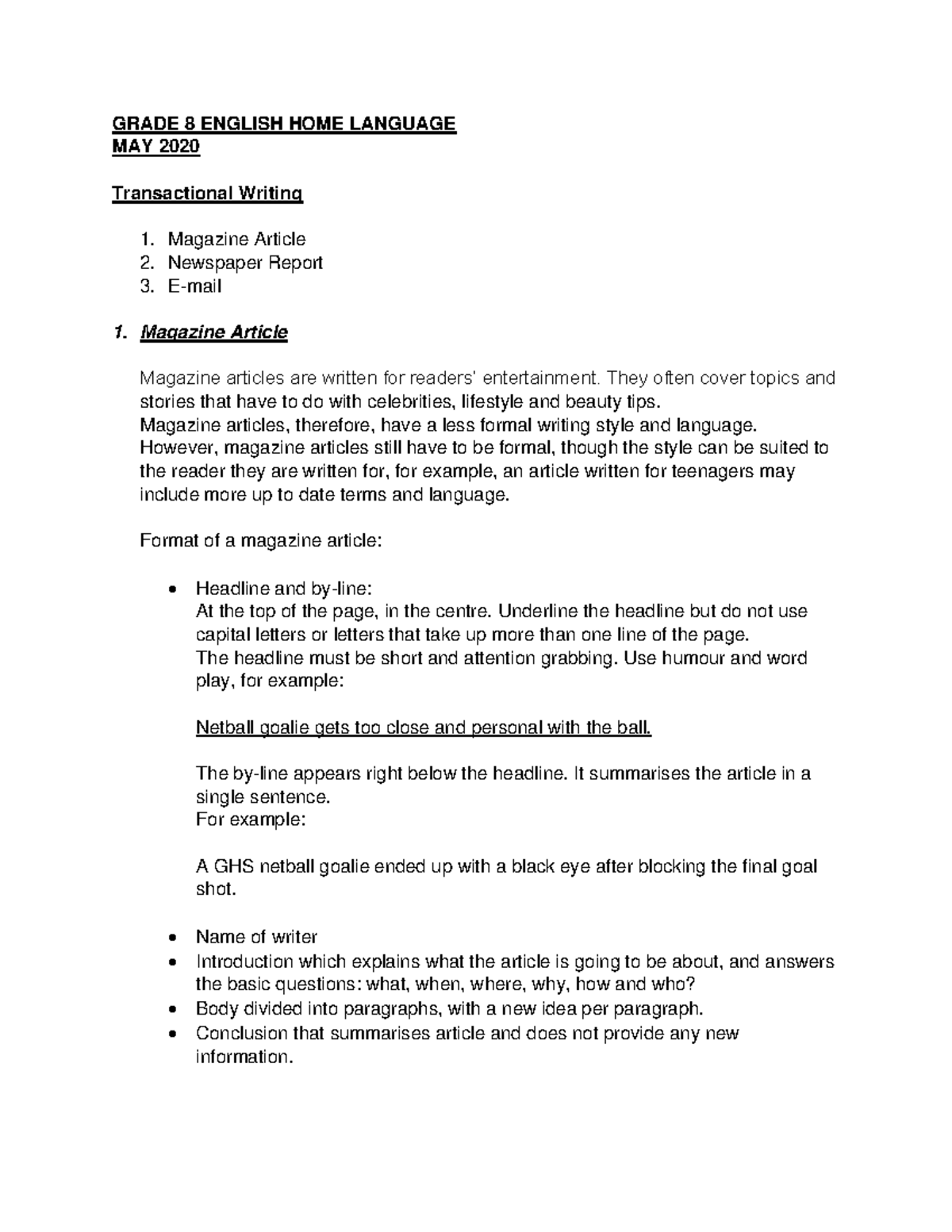 Grade 8 English - Transactional Writing Guide for May 2020 - Studocu