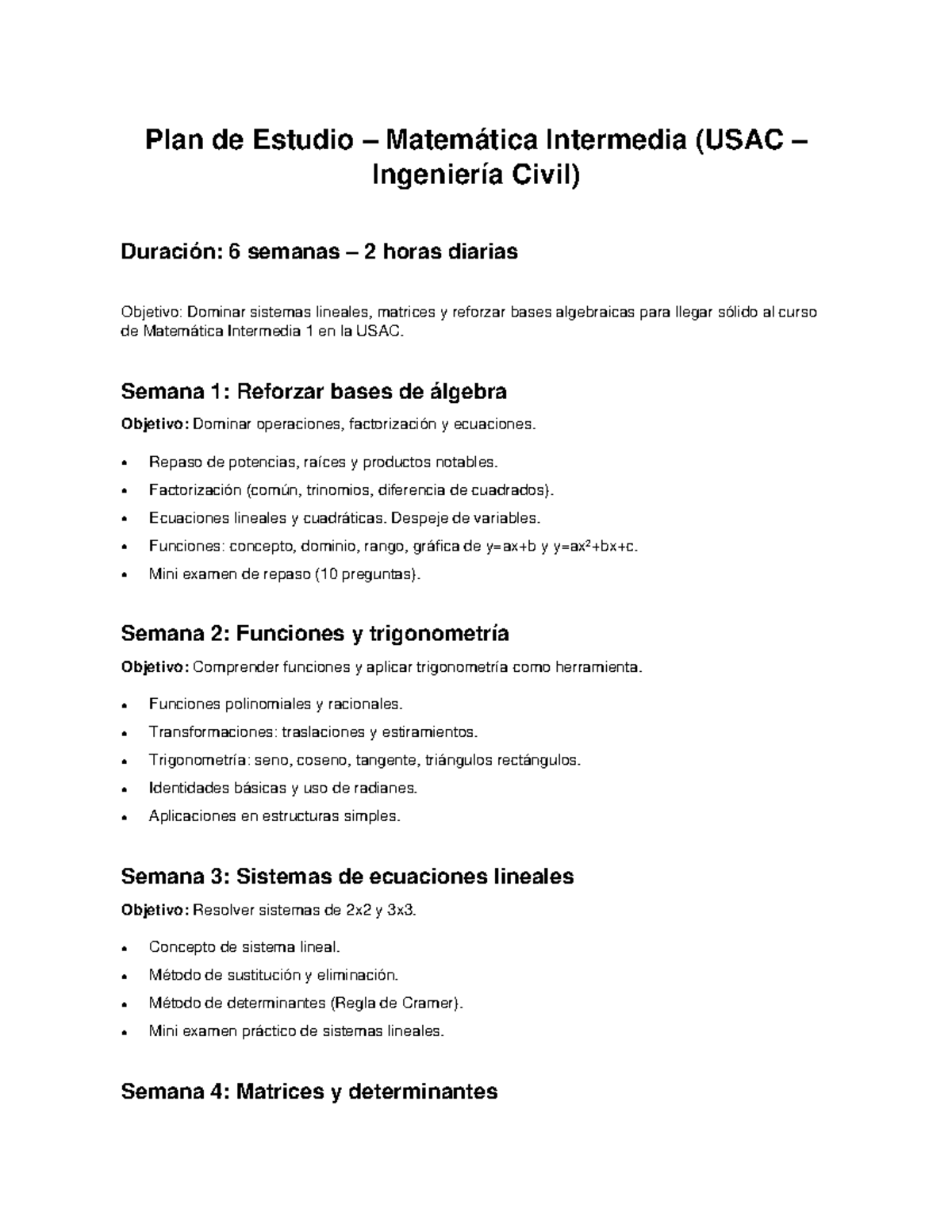 Plan de Estudio: Matemática Intermedia (USAC) - 6 Semanas - Studocu