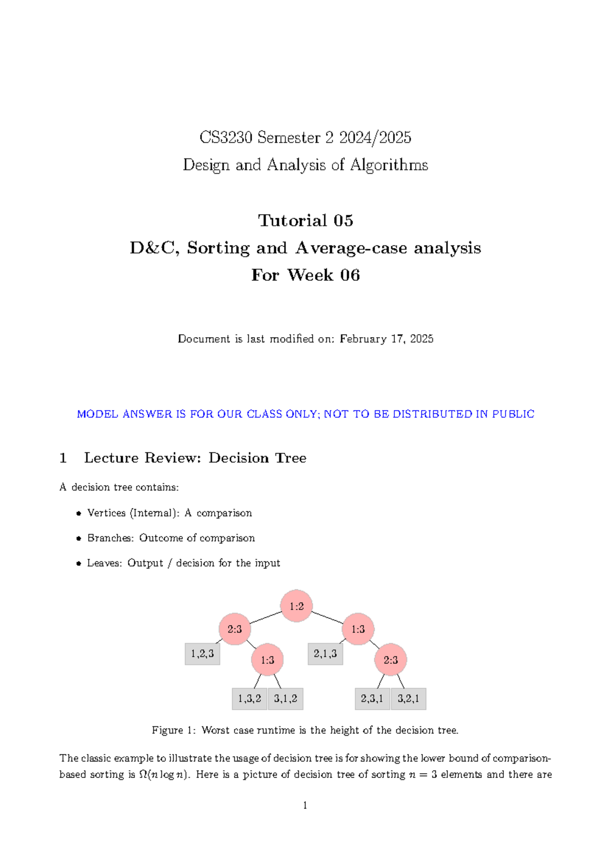 Tut05 ans - Tutorial 5 answer - CS3230 Semester 2 2024/ Design and ...