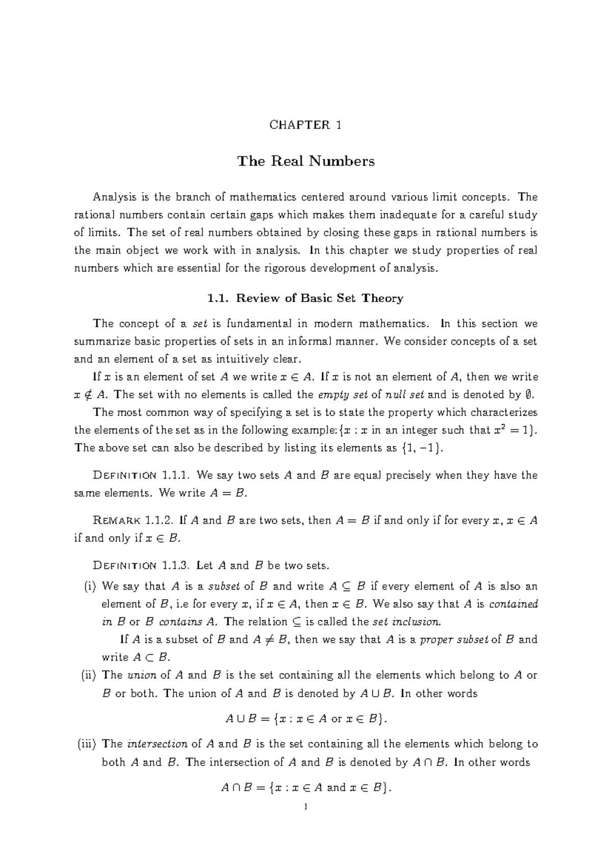 PM1013 Basic Analysis I Lecture Notes - CHAPTER 1 The Real Numbers ...