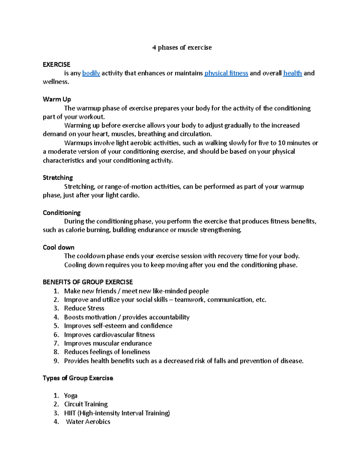 4 Phases of Exercise & Benefits of Group Fitness [Notes] - Studocu