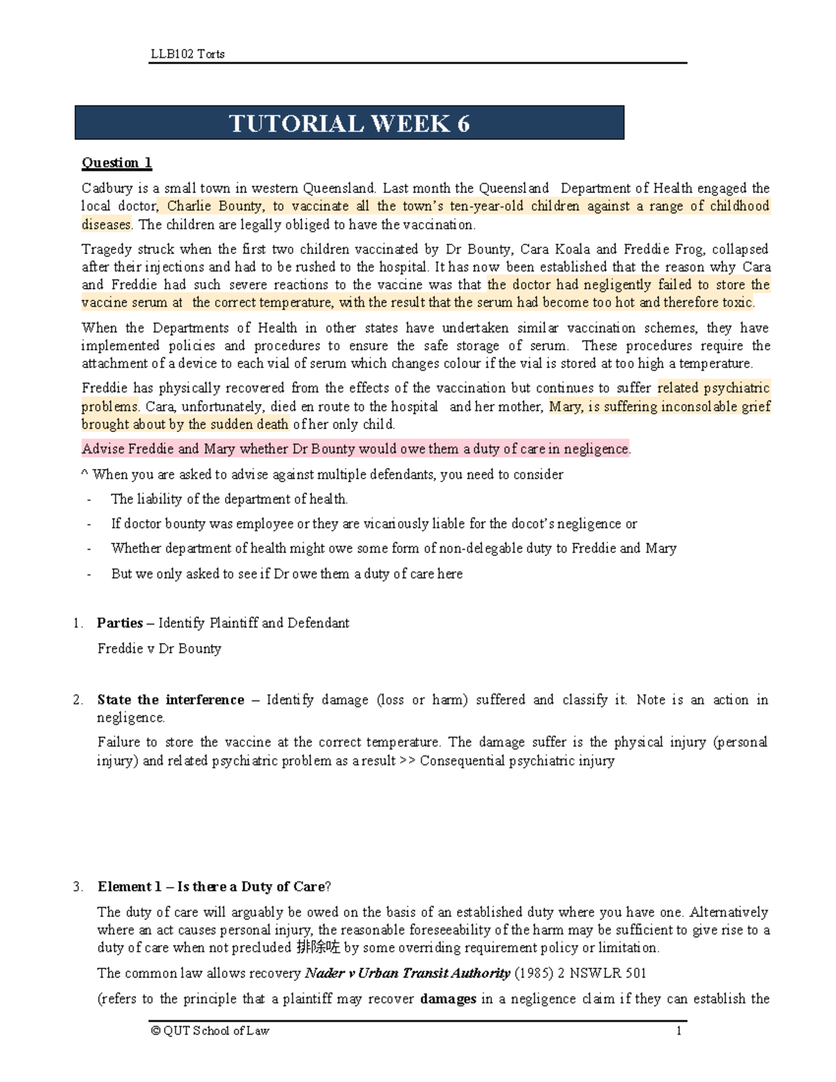 LLB102 Torts tutorial week 6 - Duty of care analysis for Dr Bounty - Studocu