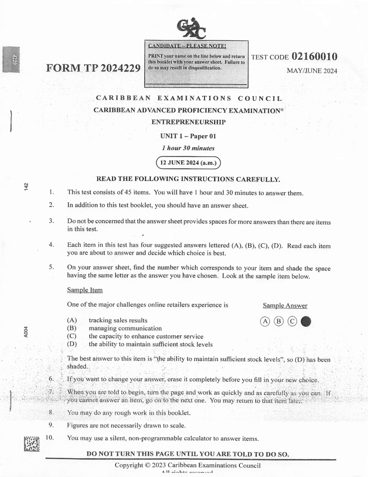 CAPE Entrepreneurship 2024 U1 Paper 01 Test Instructions and Questions ...