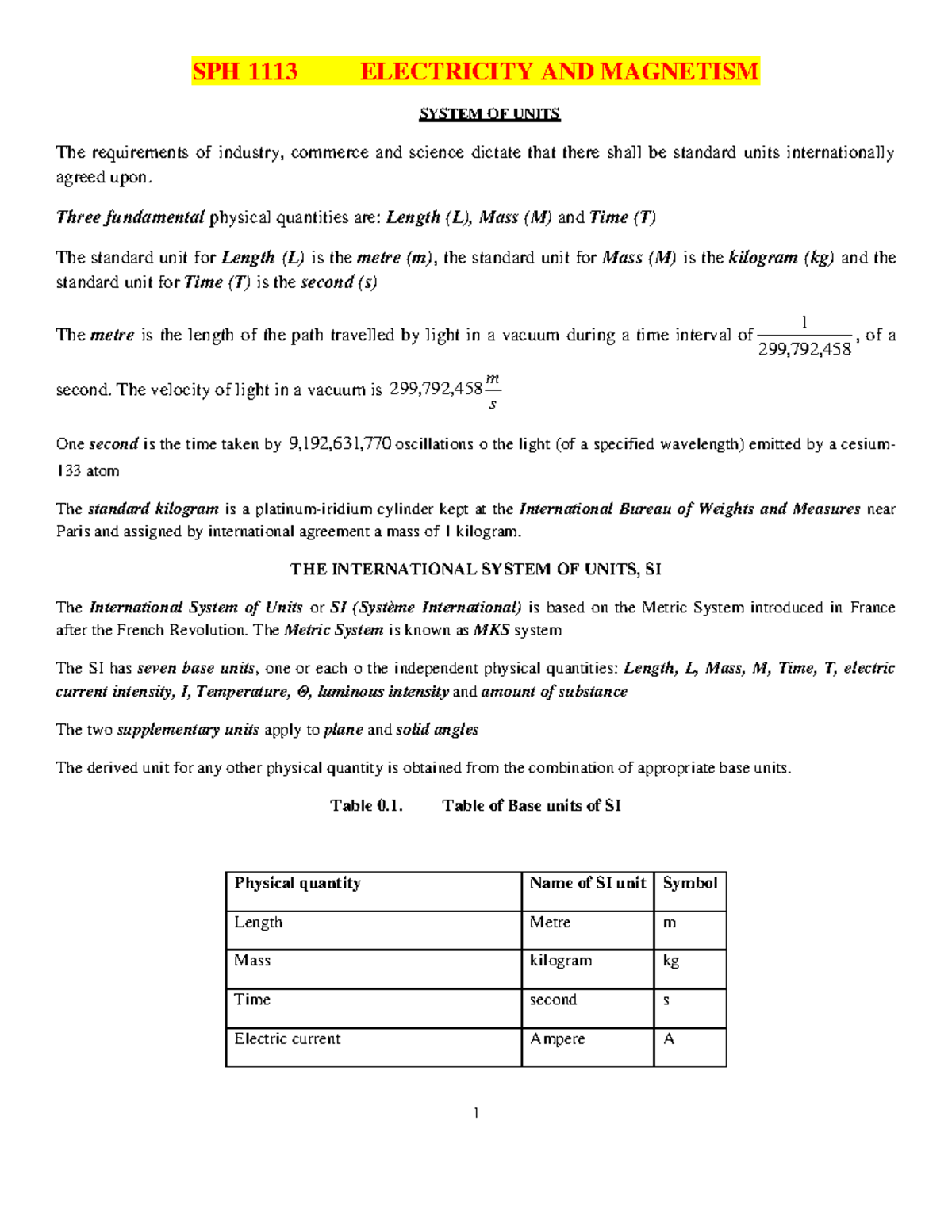 SPH 1113 Electricity and Magnetism: SI Units and Concepts - Studocu