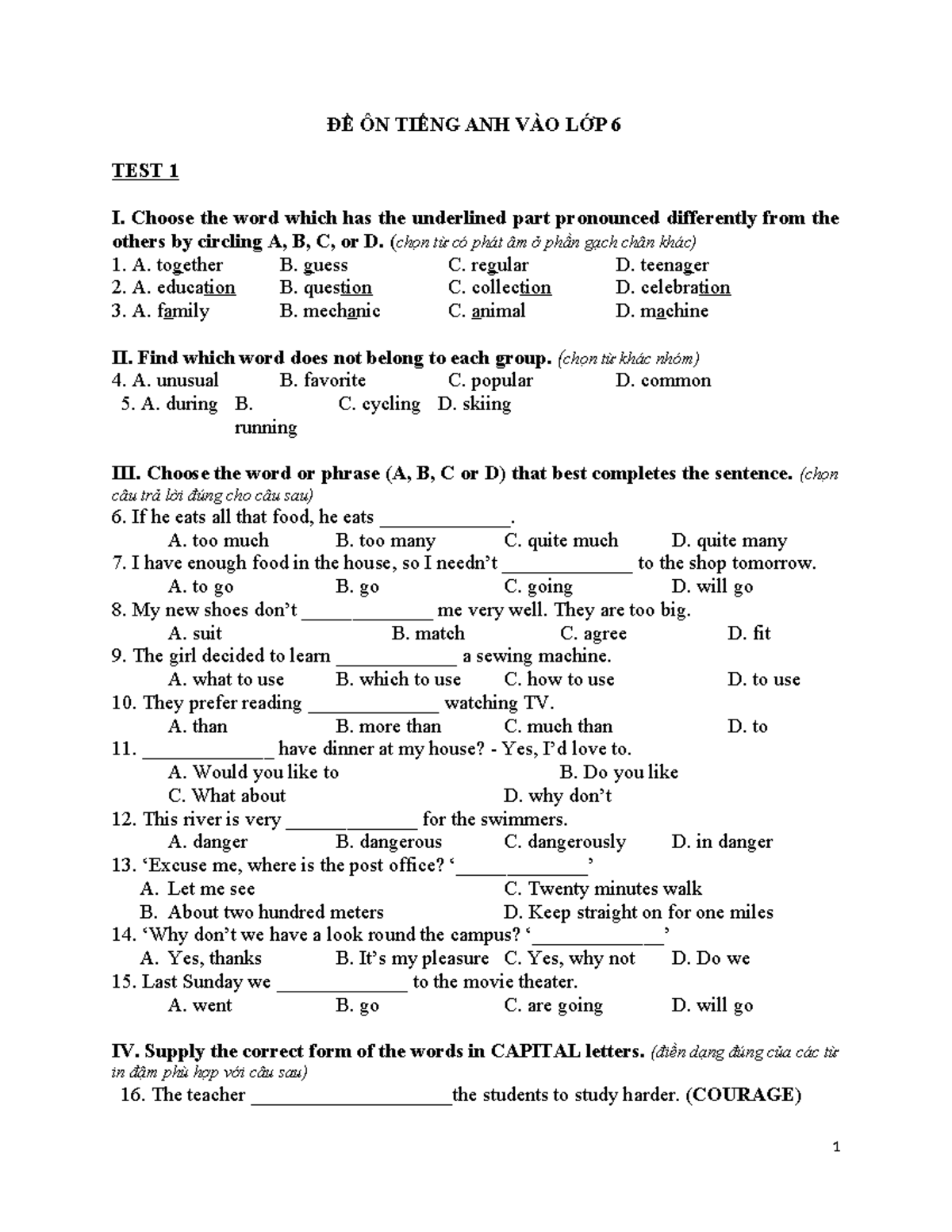 ĐỀ ÔN TIẾNG ANH VÀO LỚP 6 TEST 1 - Studocu