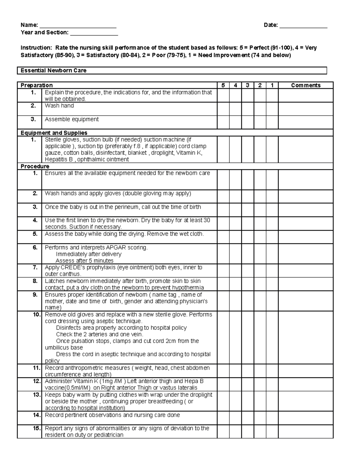 Newborn care retdem - Name: ________________________ Date ...