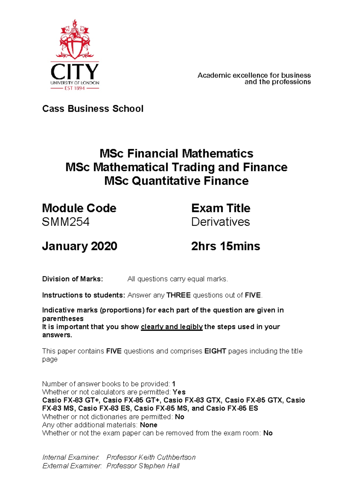 MSc Financial Mathematics, Derivatives Exam 2020, questions - Academic ...