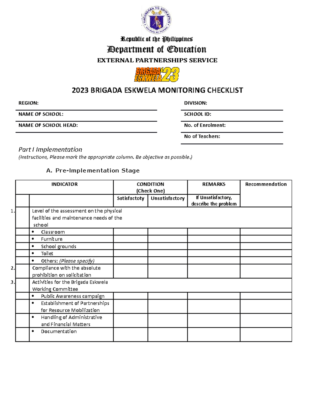 2023 Brigada Eskwela Monitoring TOOL - 2023 BRIGADA ESKWELA MONITORING ...
