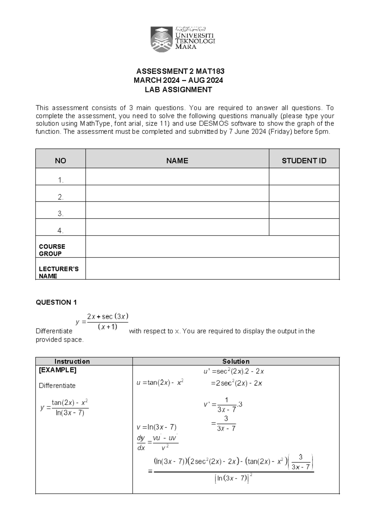 MAT183 LAB Assignment 2 Assessment - June 2024 Guidelines - Studocu