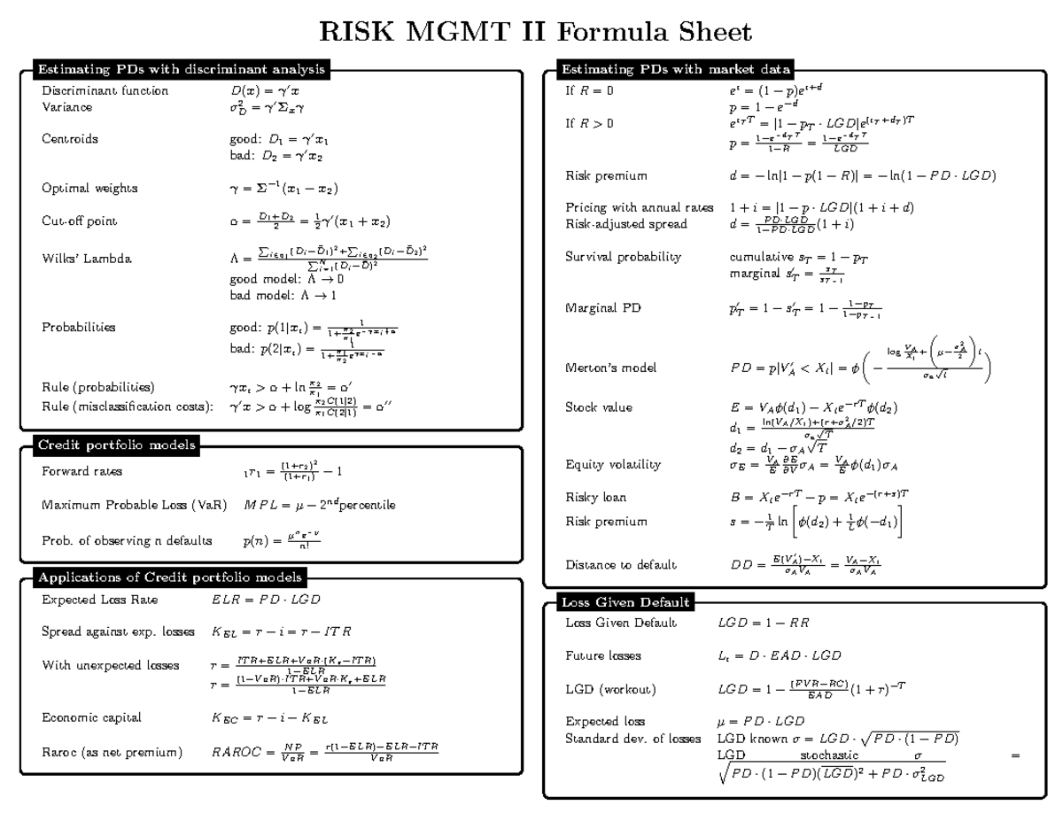 RISK MGMT II: Formula Sheet for PD Estimation and Analysis - Studocu