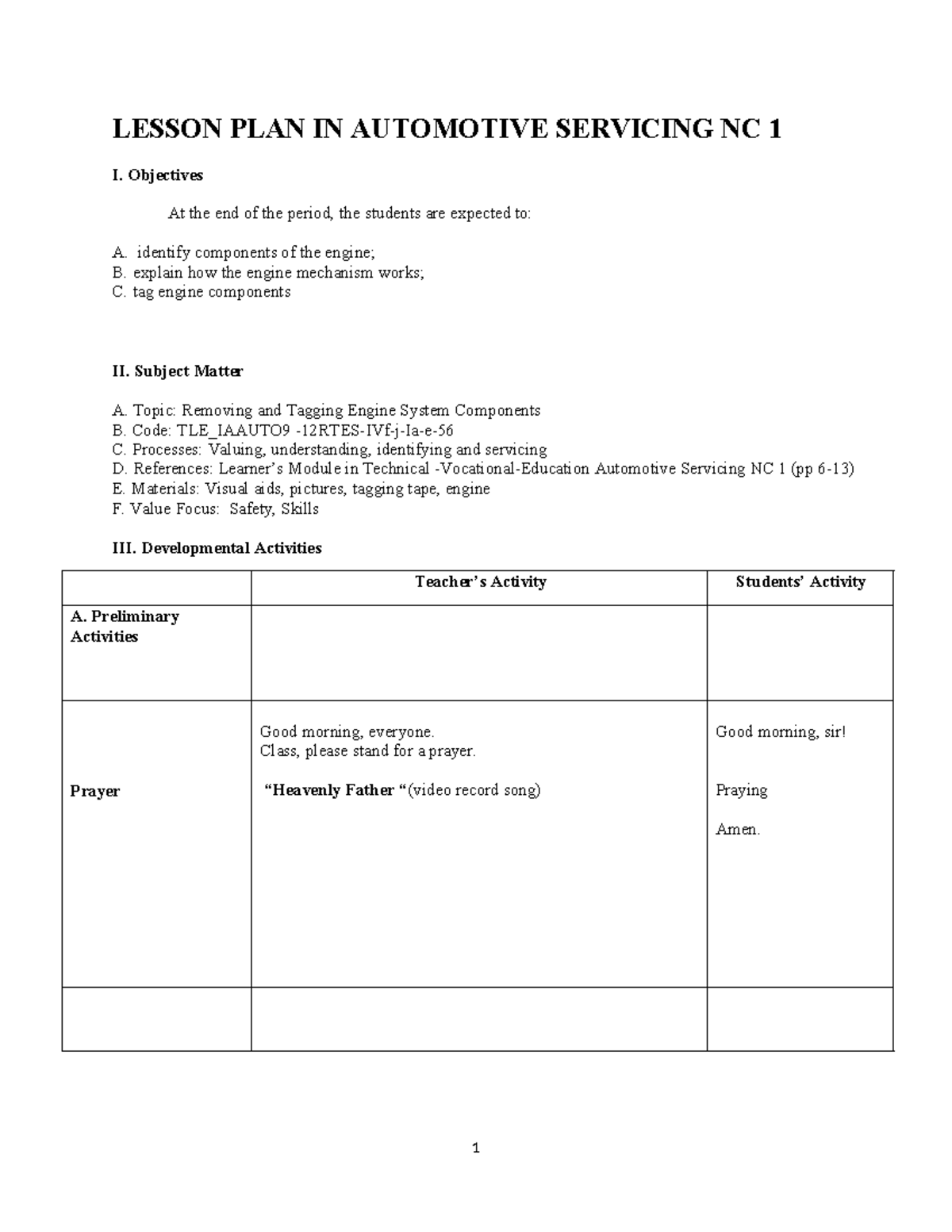 Automotive Servicing NC 1: Lesson Plan on Engine System Components ...