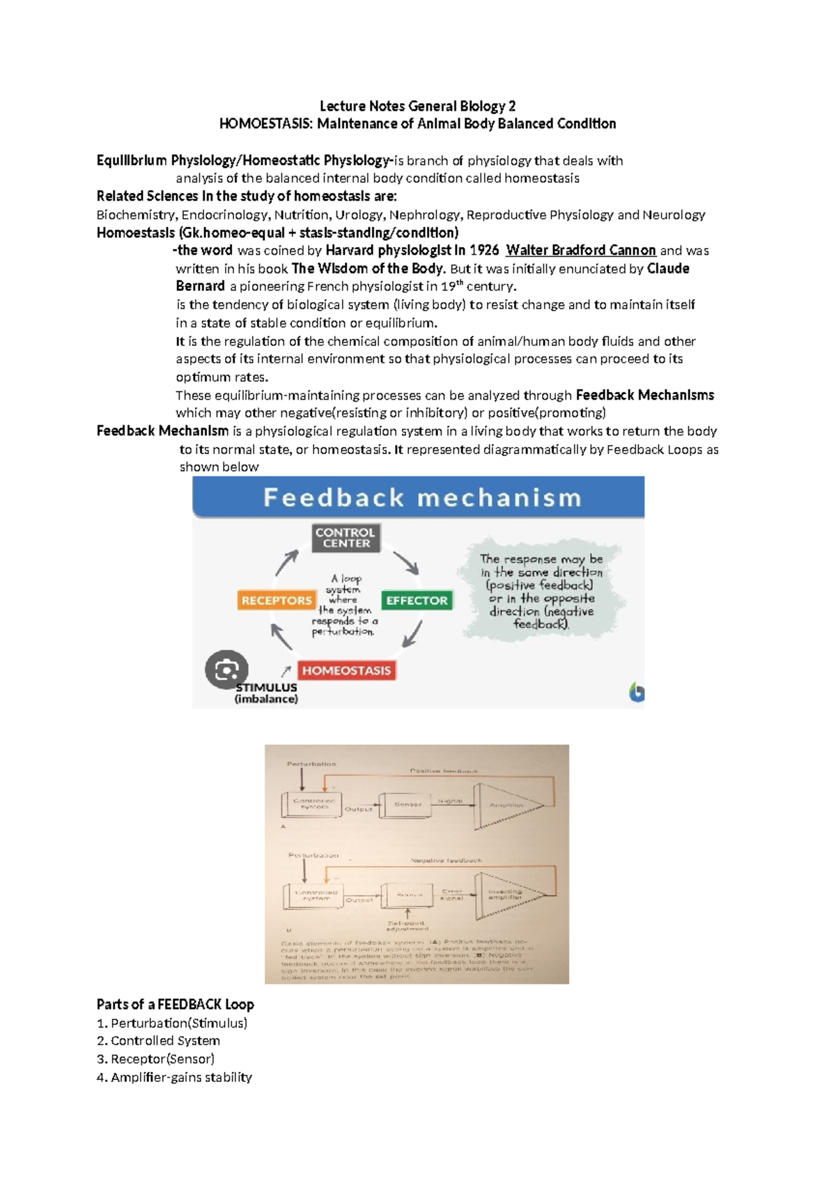 General Biology 2 Lecture Notes on Homeostasis and Feedback Mechanisms ...