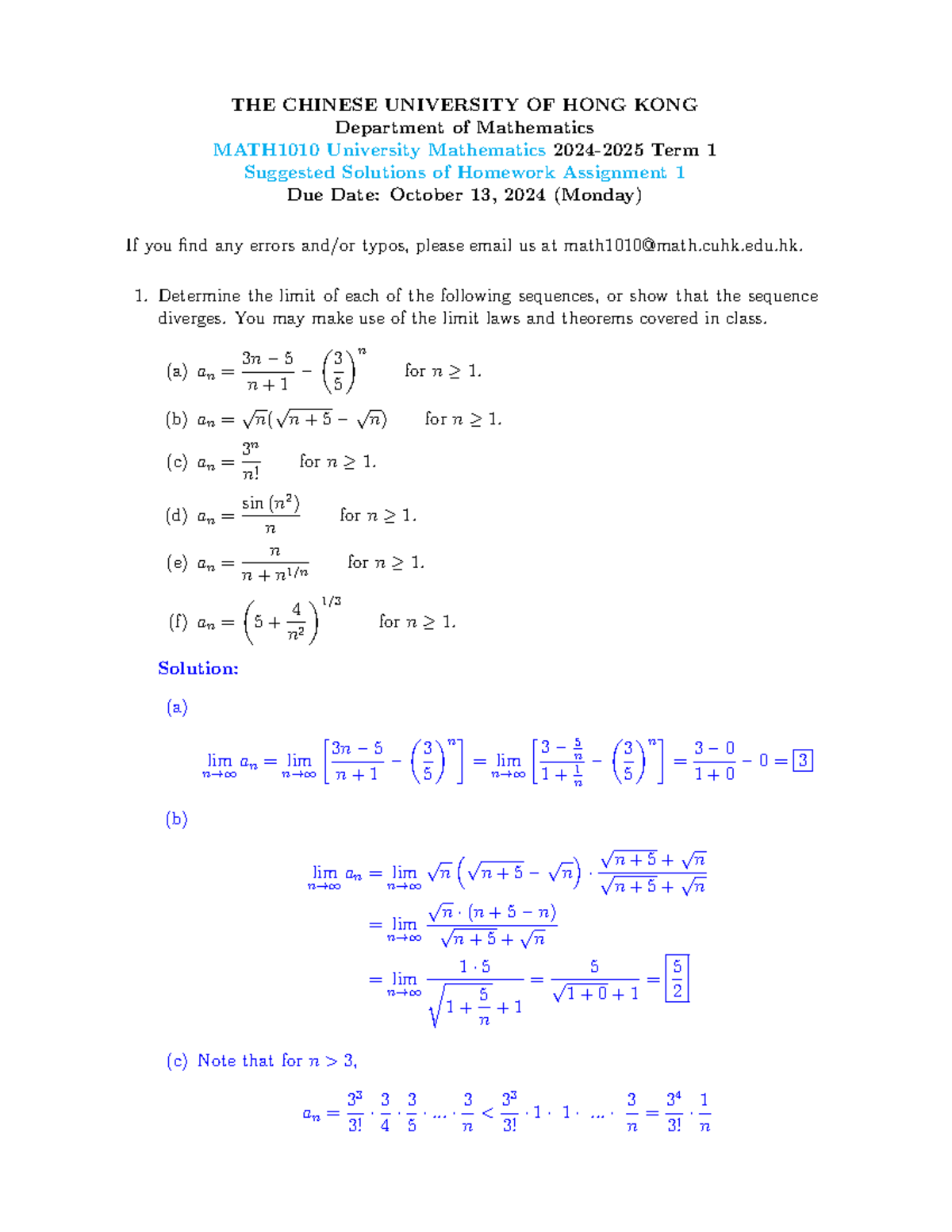 MATH1010 Homework 1 Solutions - Limits, Derivatives, & Convergence ...
