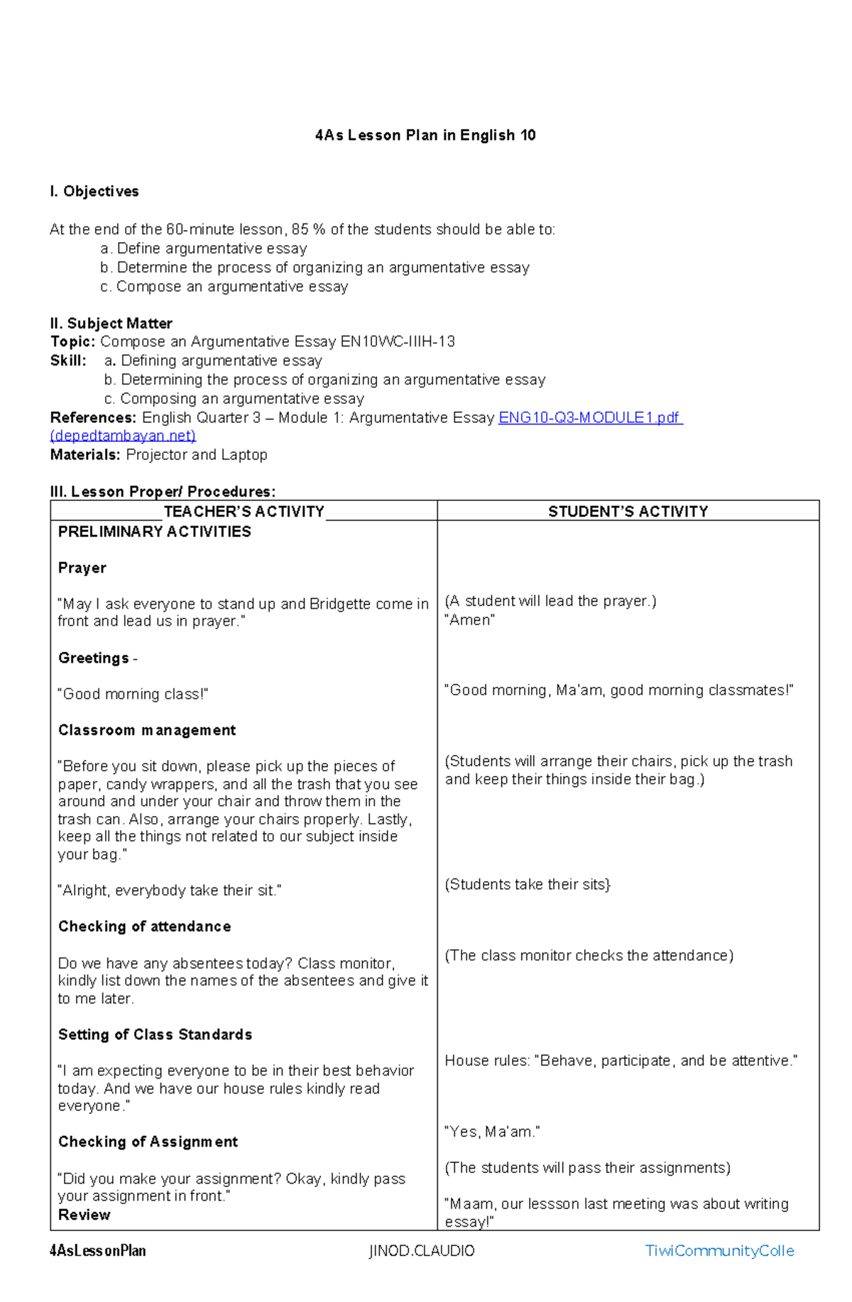 4As Lesson Plan: Composing an Argumentative Essay for English 10 - Studocu