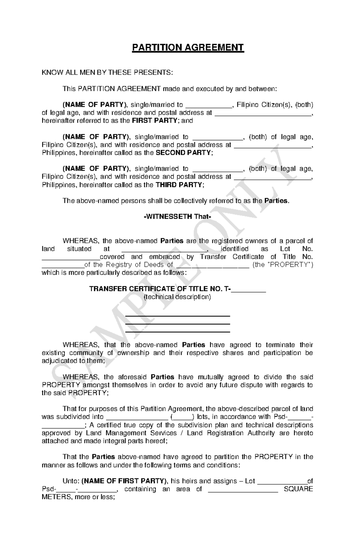 Partition Agreement for Property among Co-Owners in the Philippines ...