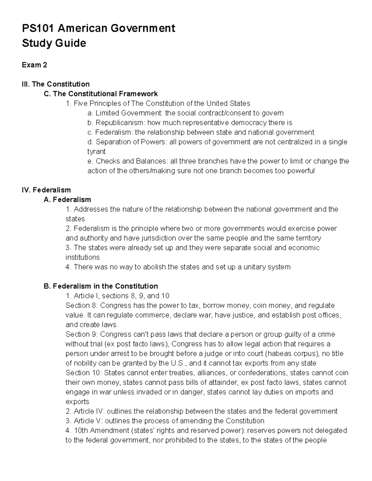 PS101 American Government Study Guide for Exam 2: The Constitution ...