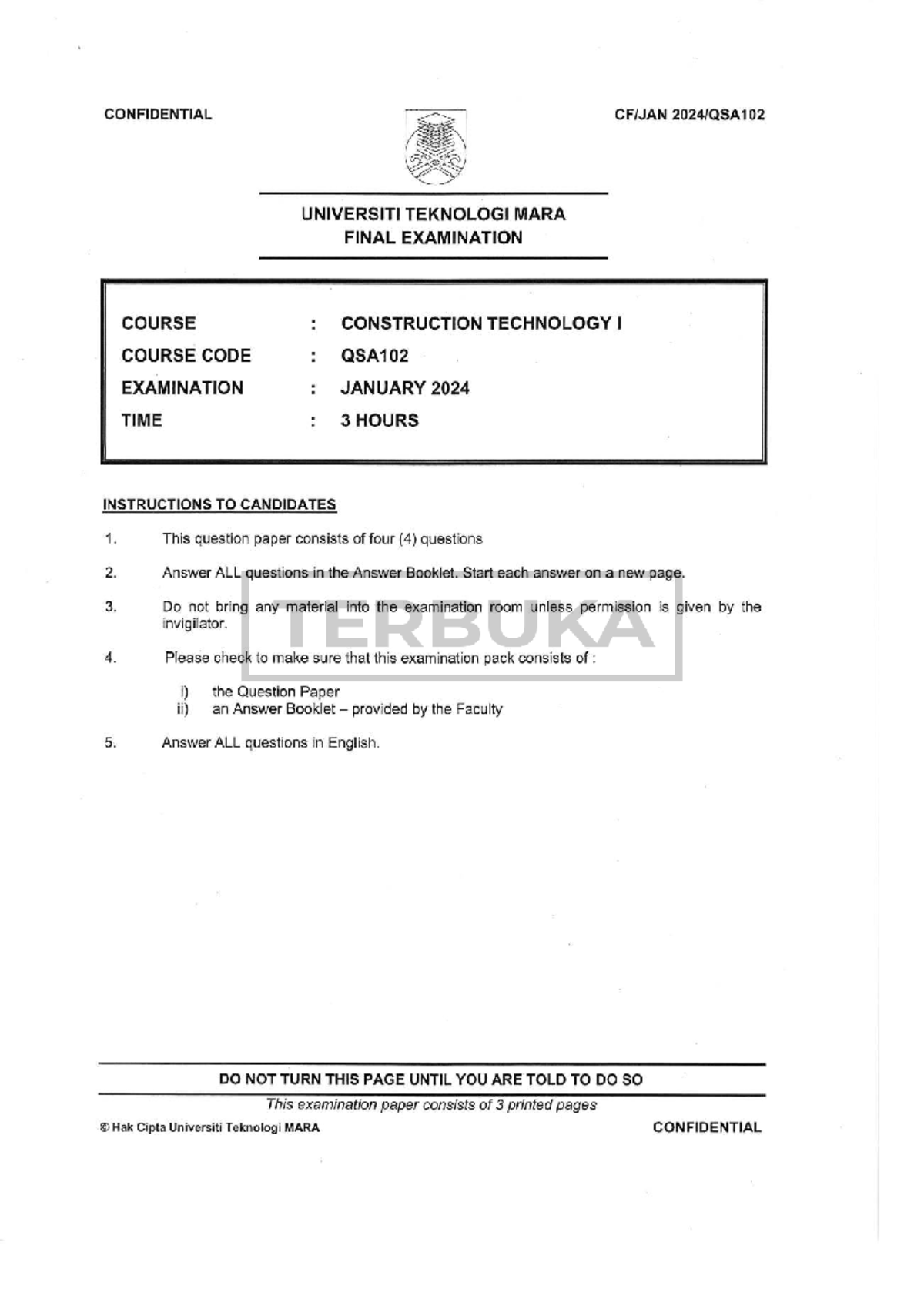 QSA102 Final Exam: Construction Technology I - Jan 2024 - Studocu