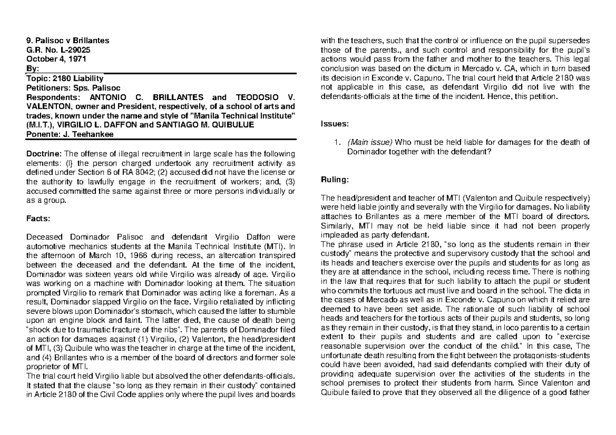 Case Study: 430914621 Palisoc v Brillantes on Liability (G.R. No. L ...