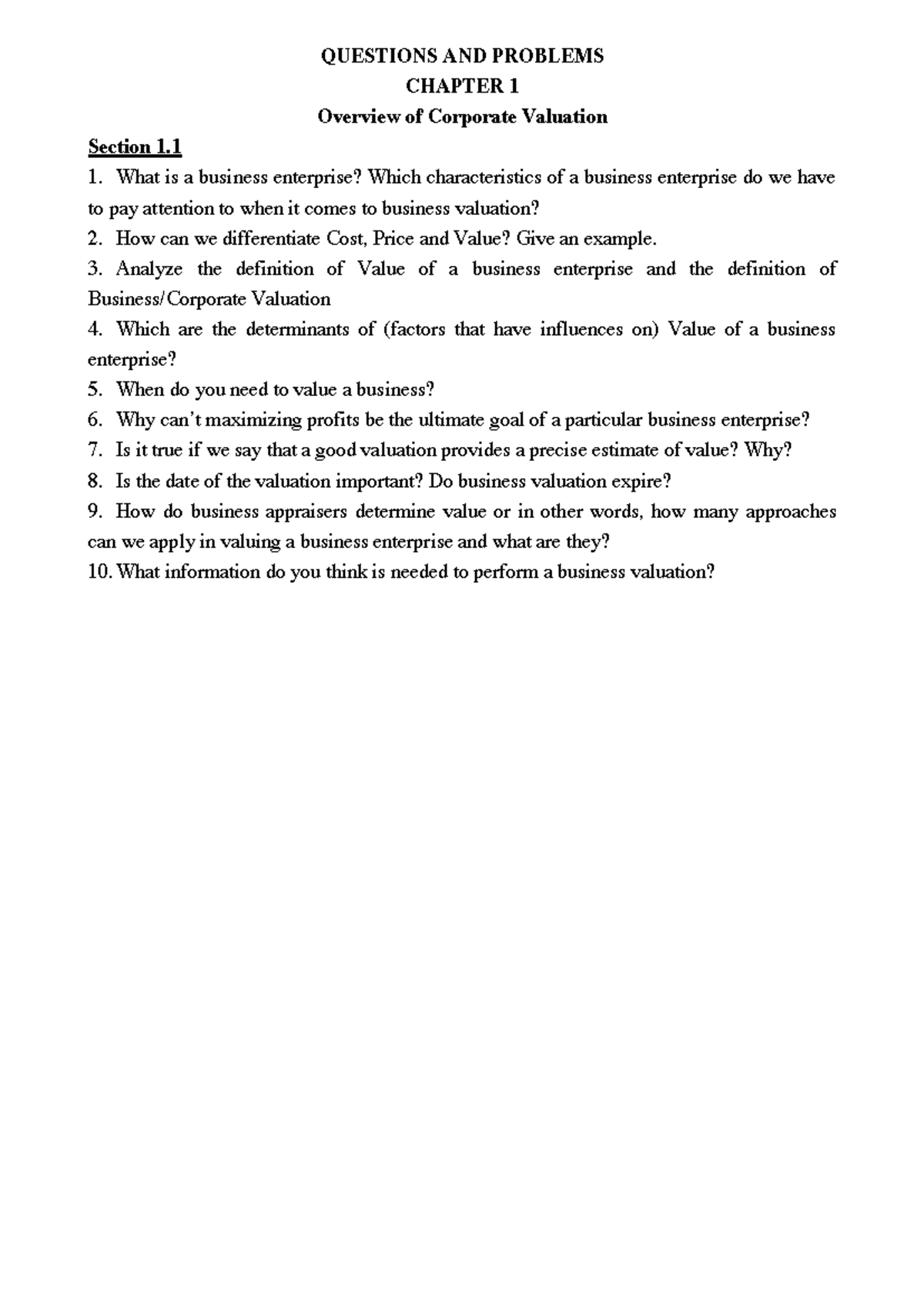 Corporate Valuation Overview: Questions & Problems from Chapters 1-3 ...
