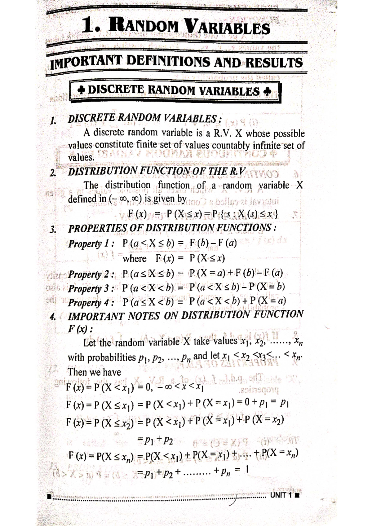 Unit 1 - Random Variables: Important Definitions & Results (MATH101 ...