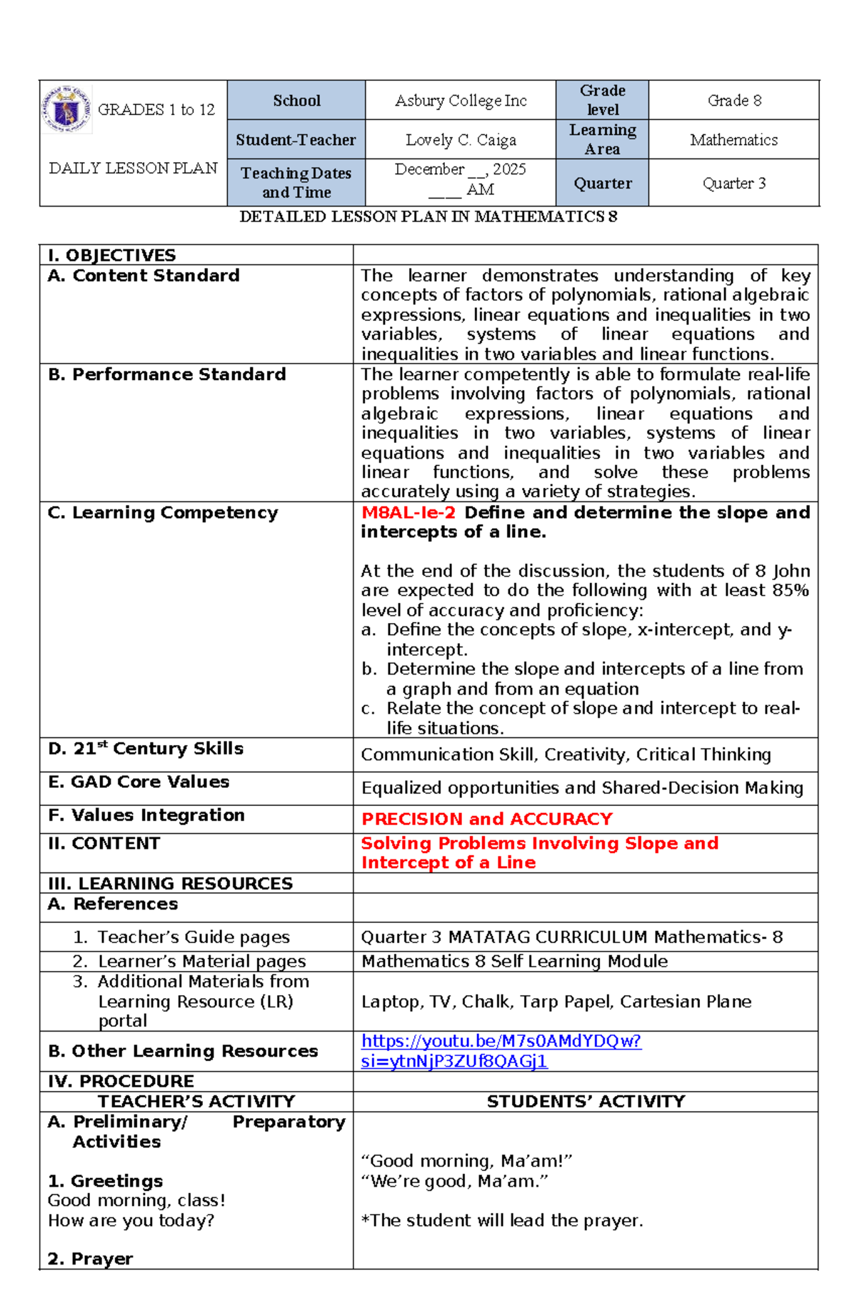 Final Lesson Plan in Mathematics 8 (Q3) - Asbury College - Studocu