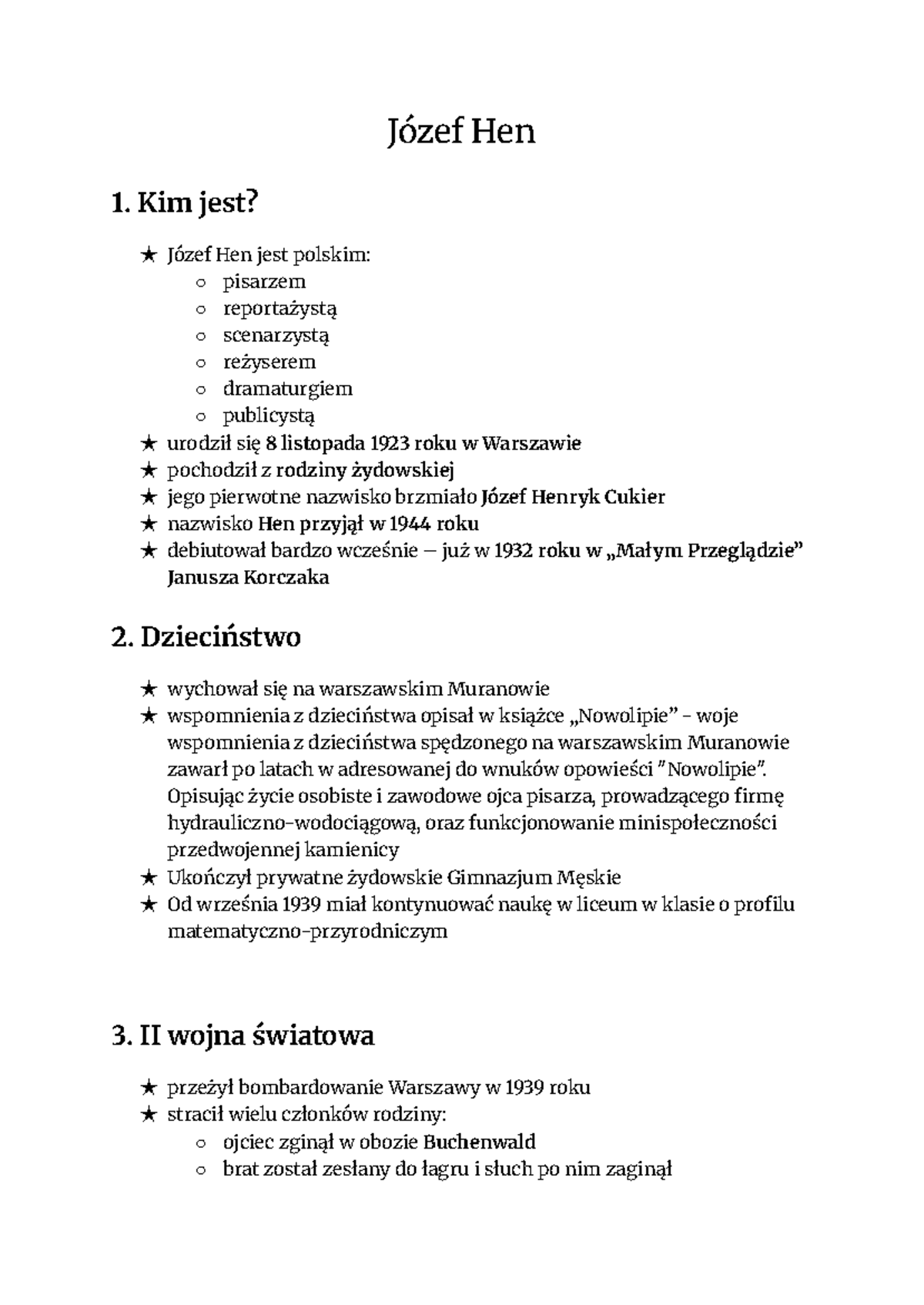 Józef Hen - Biografia i Działalność Literacka - Studocu