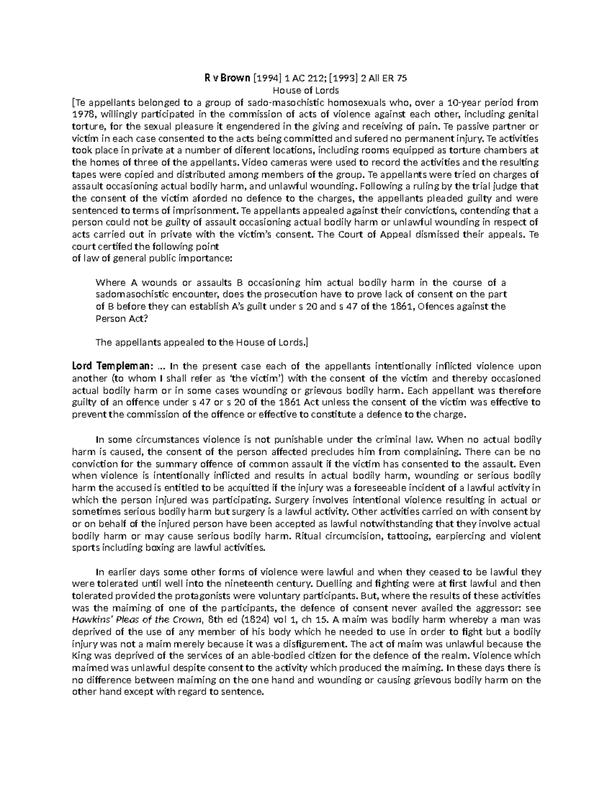 Criminal Law (CL202) - Case Notes on R v Brown [1994] and Consent ...