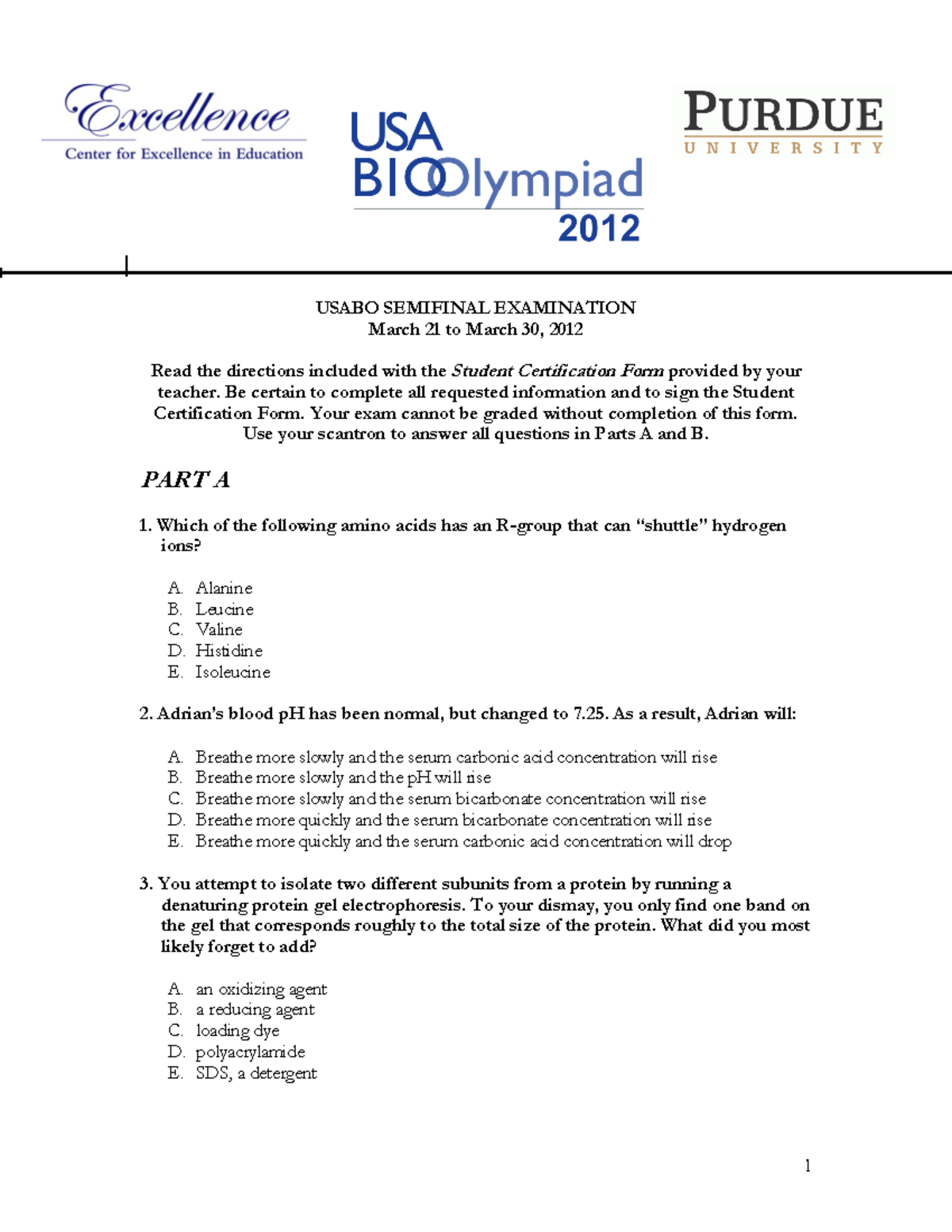 USABO 2012 Semifinal Exam: Part A & B Questions - Studocu