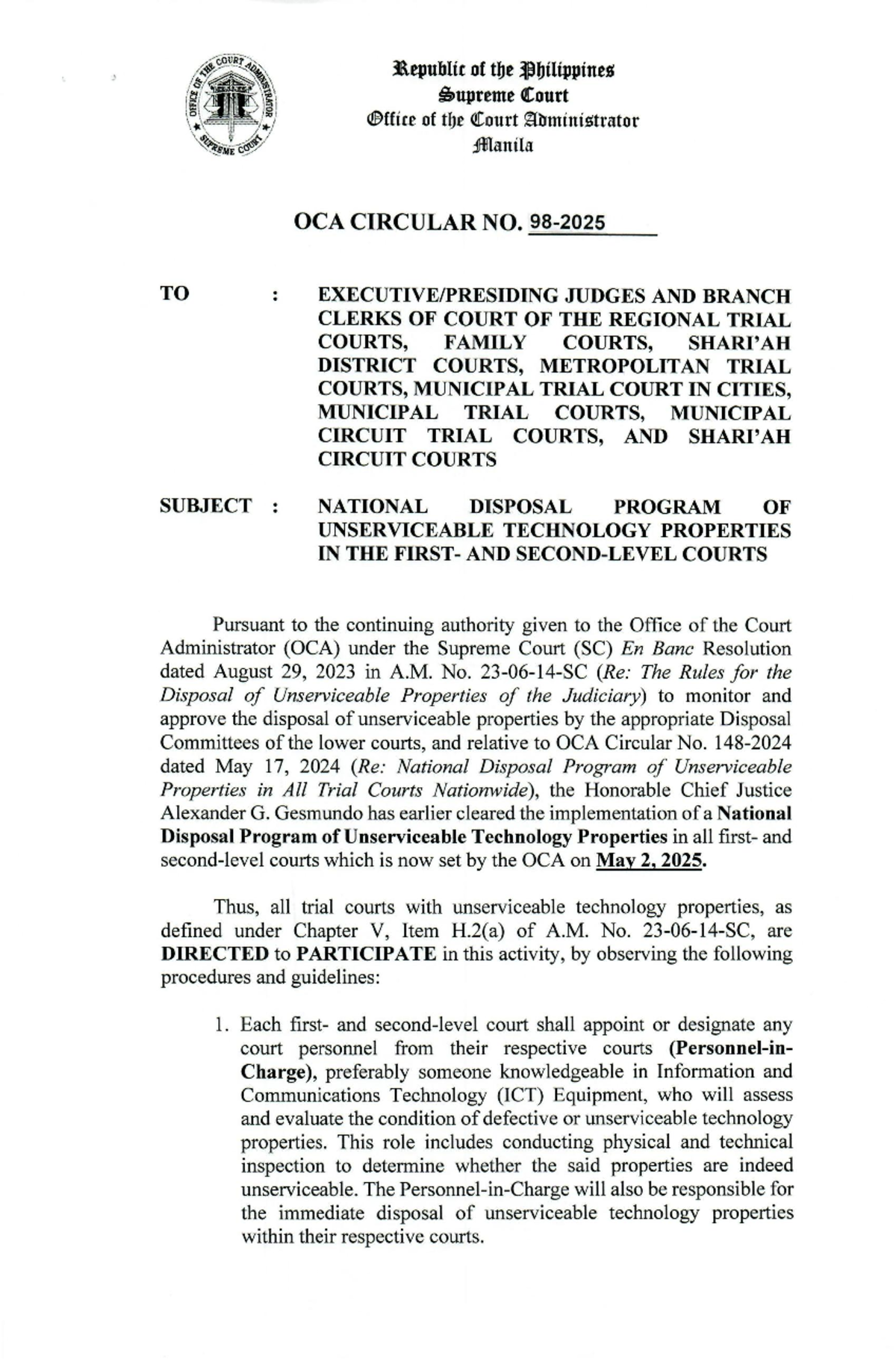 OCA Circular No. 98-2025: Guidelines for Disposal of Unserviceable Tech - Studocu