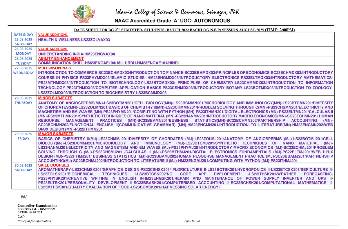 Islamia College BG 2nd Students Date Sheet (Batch 2022) - Studocu