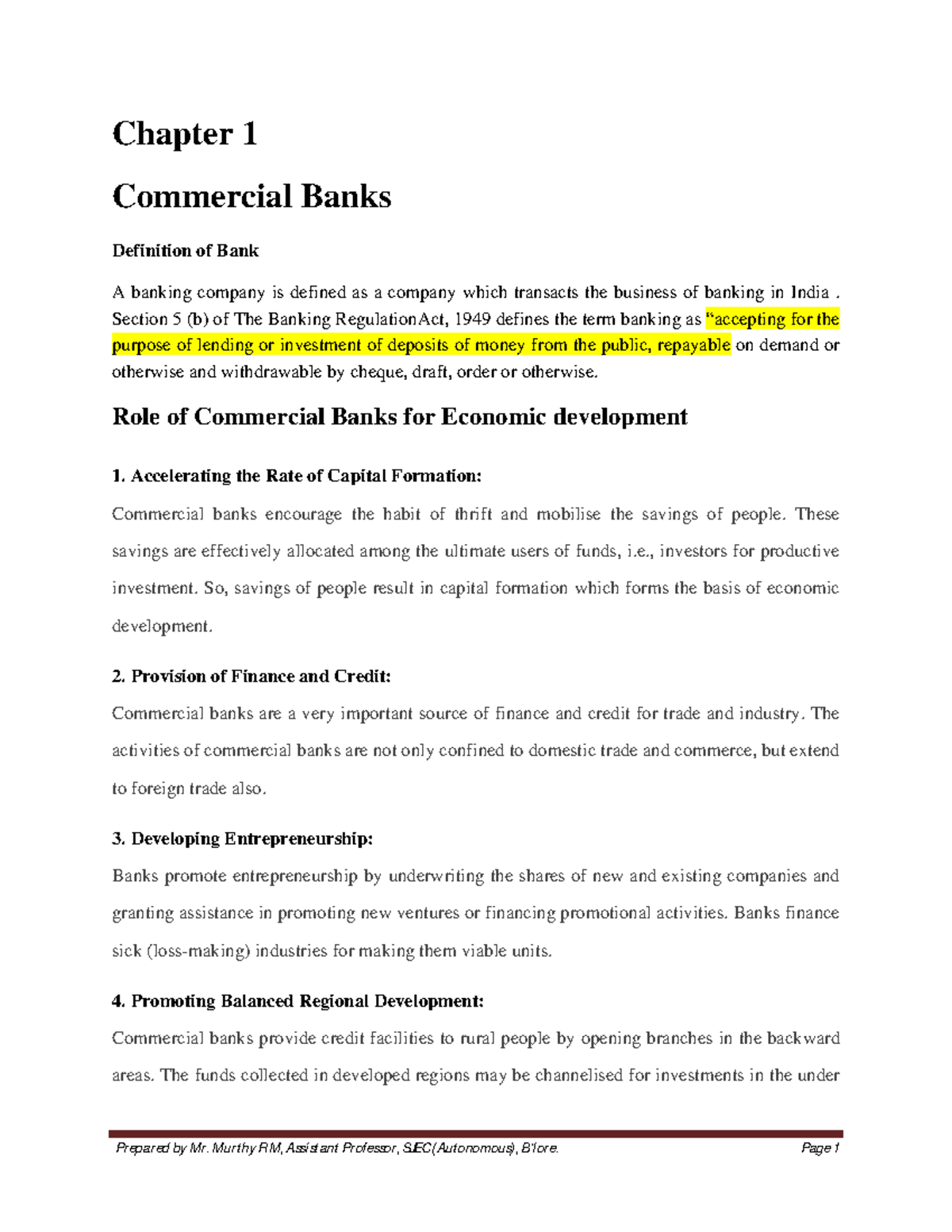 Banking Operations - Notes - Prepared by Mr. Murthy R M, Assistant ...
