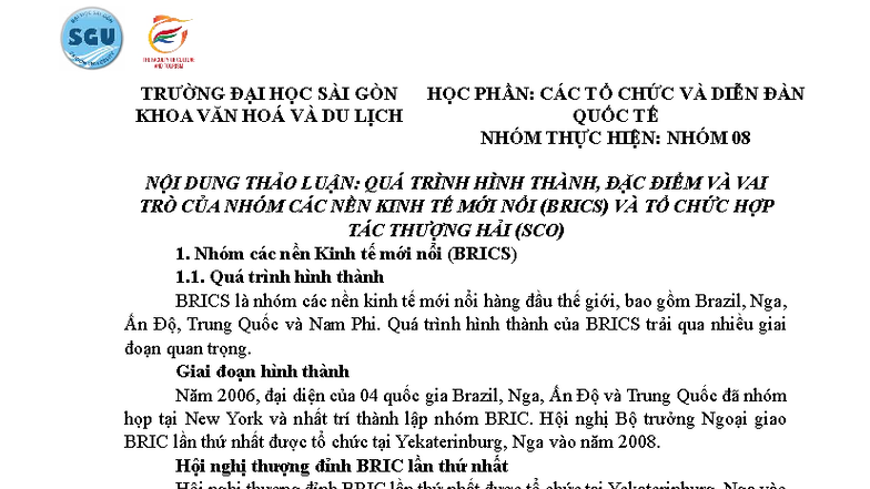 CÁC TỔ CHỨC VÀ DIỄN ĐÀN QUỐC TẾ: BRICS VÀ SCO - NHÓM 08 - Studocu