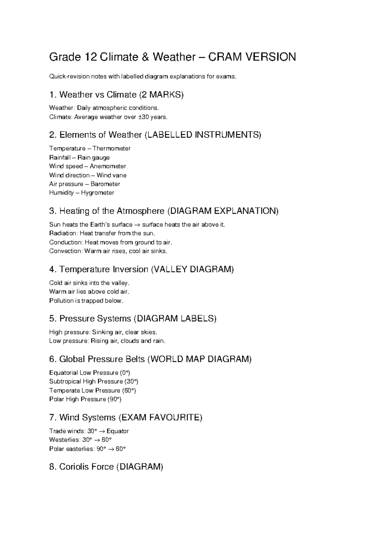 Grade 12 Climate and Weather Exam CRAM Notes with Diagrams - Studocu