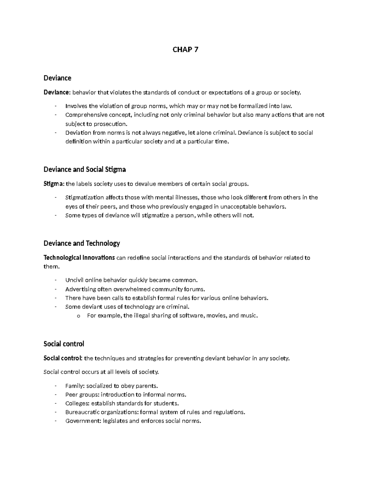 SOC 101: Chapter 7 - Understanding Deviance and Social Control - Studocu