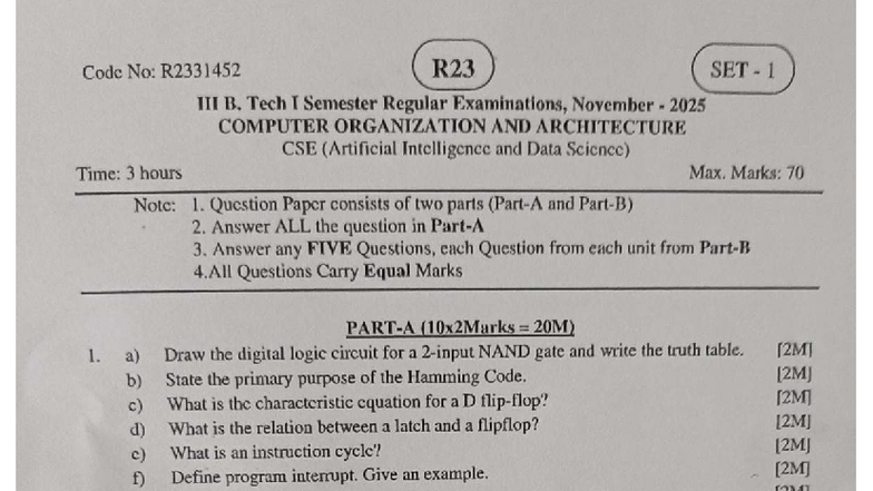 CSE 2025: Computer Organization & Architecture Exam Paper - Studocu