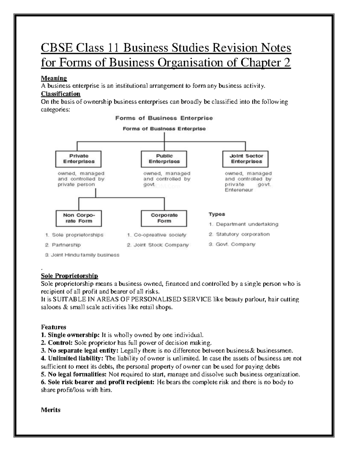 CBSE Class 11 Business Studies Revision Notes: Forms of Business ...