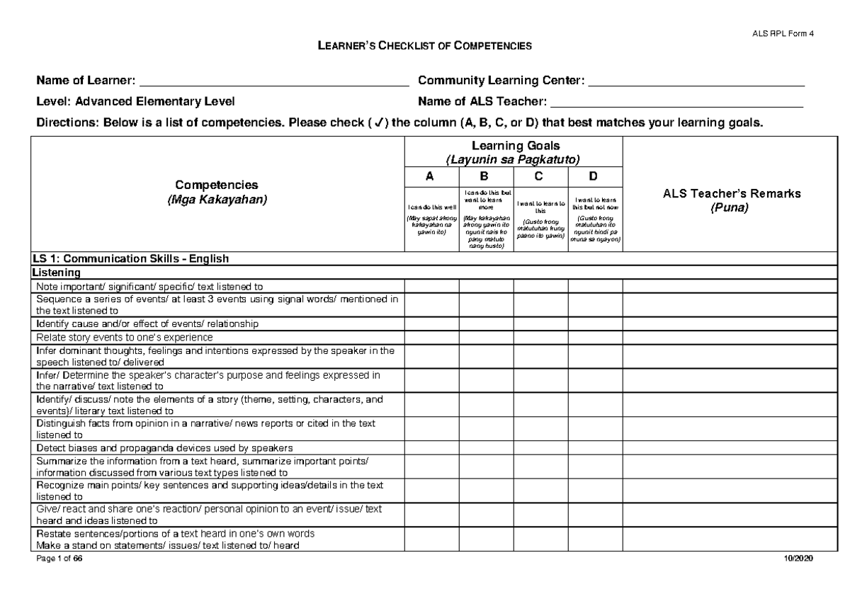 RPL Form 4 - AEL Learner s Checklist of Competencies - LEARNER’S ...