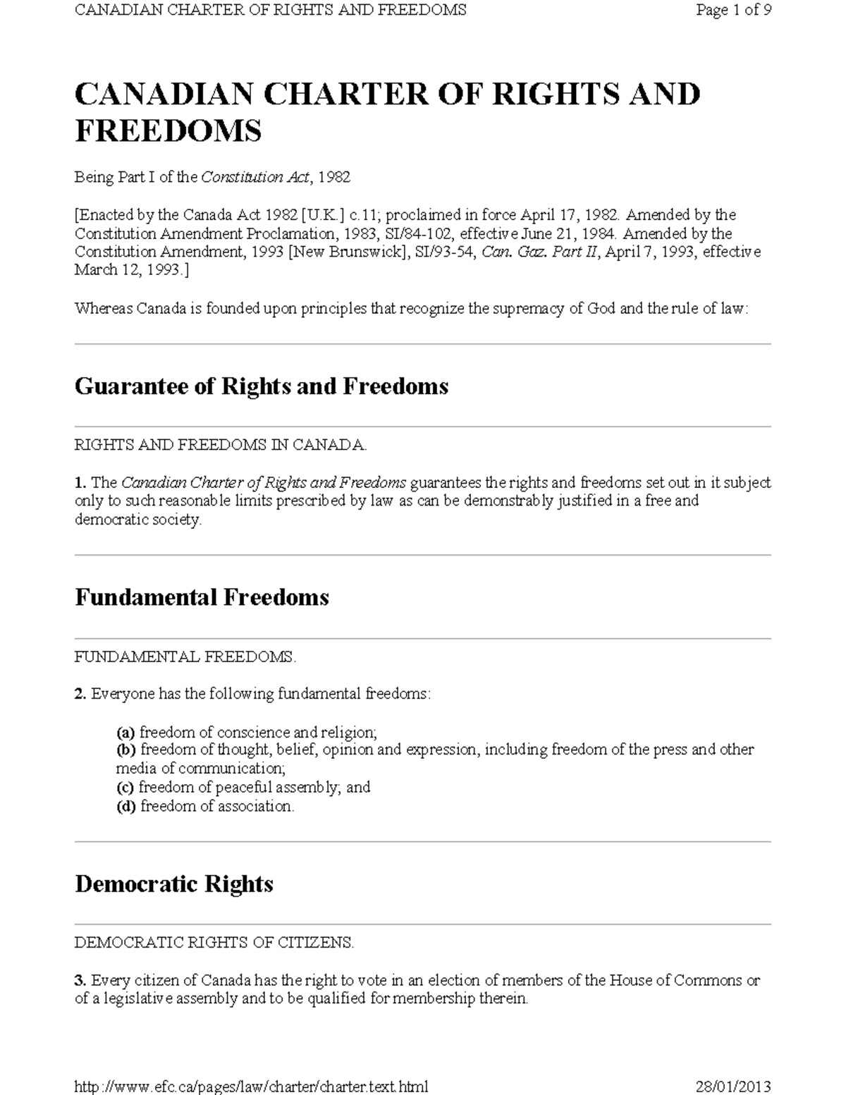 Canadian Charter of Rights and Freedoms: Full Text Overview - Studocu