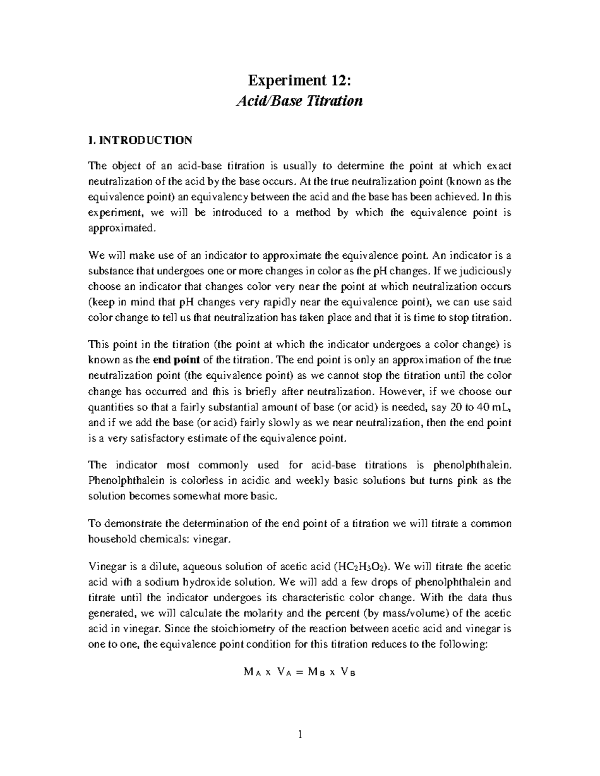 Exp 12 - Acid-Base Titration - Experiment 12: Acid/Base Titration I ...