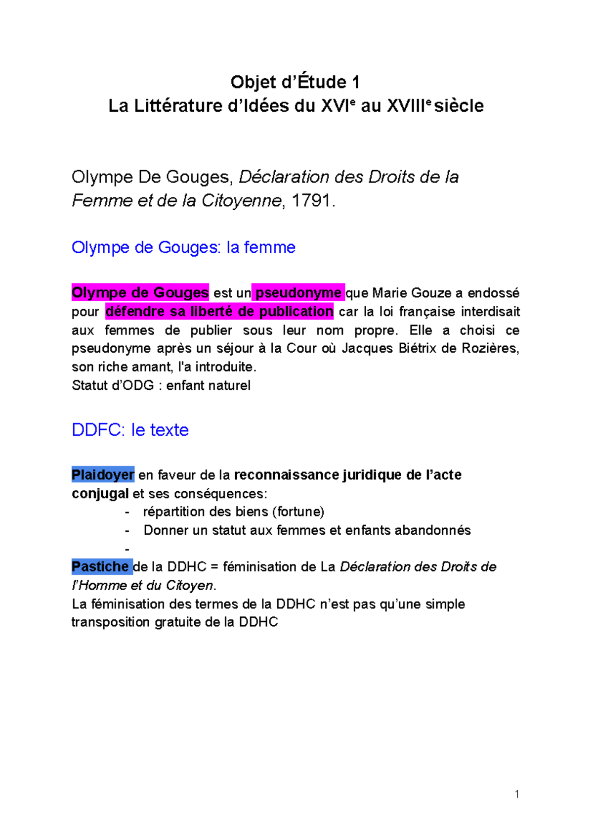 Étude linéaire sur Olympe de Gouges: Droits de la Femme et Citoyenne ...