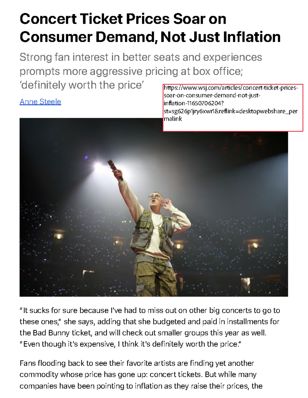Concert Ticket Prices Soar on Consumer Demand, Not Just Inflation - WSJ ...