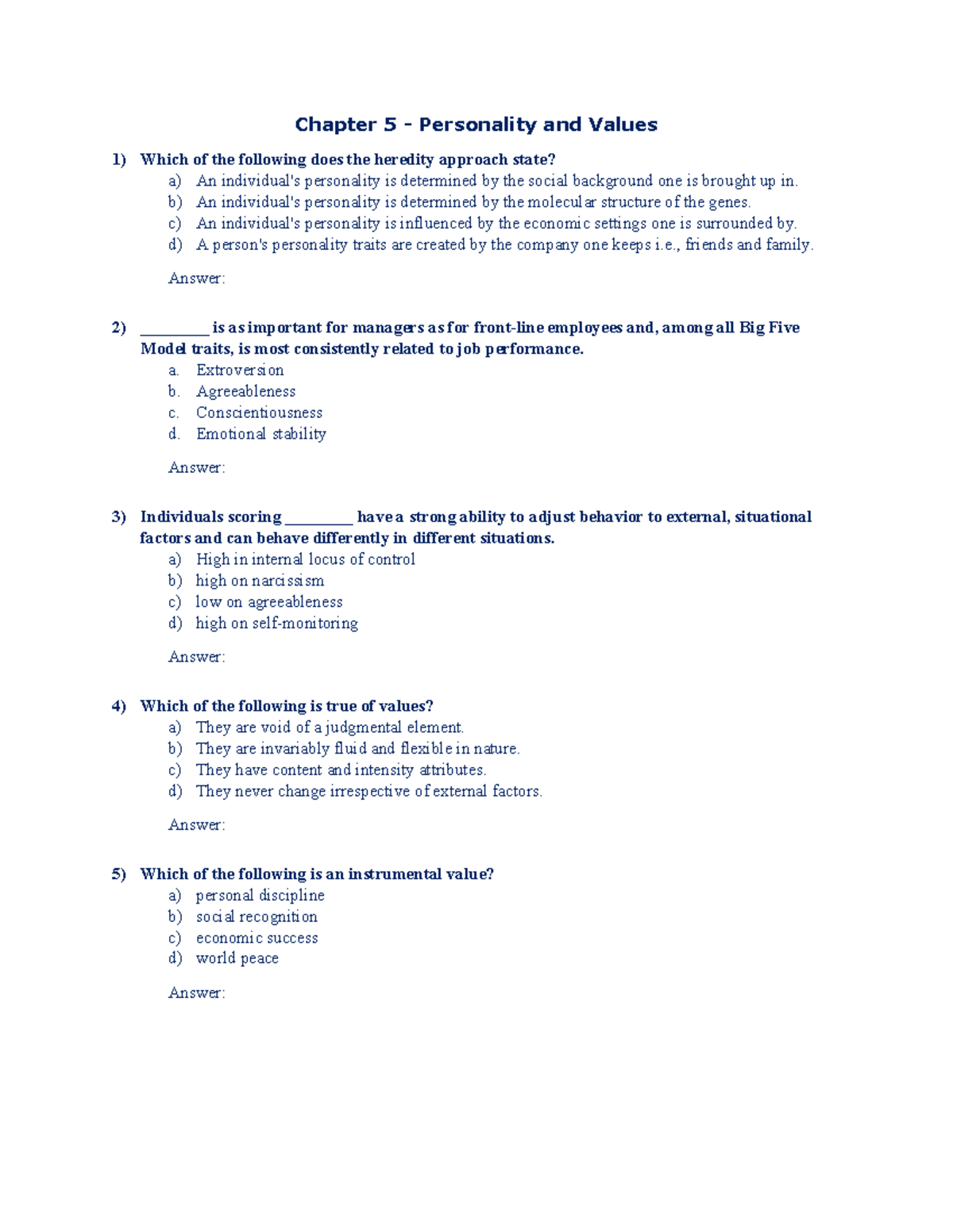 Chapter 5 MCQs: Personality and Values Exploration - Studocu