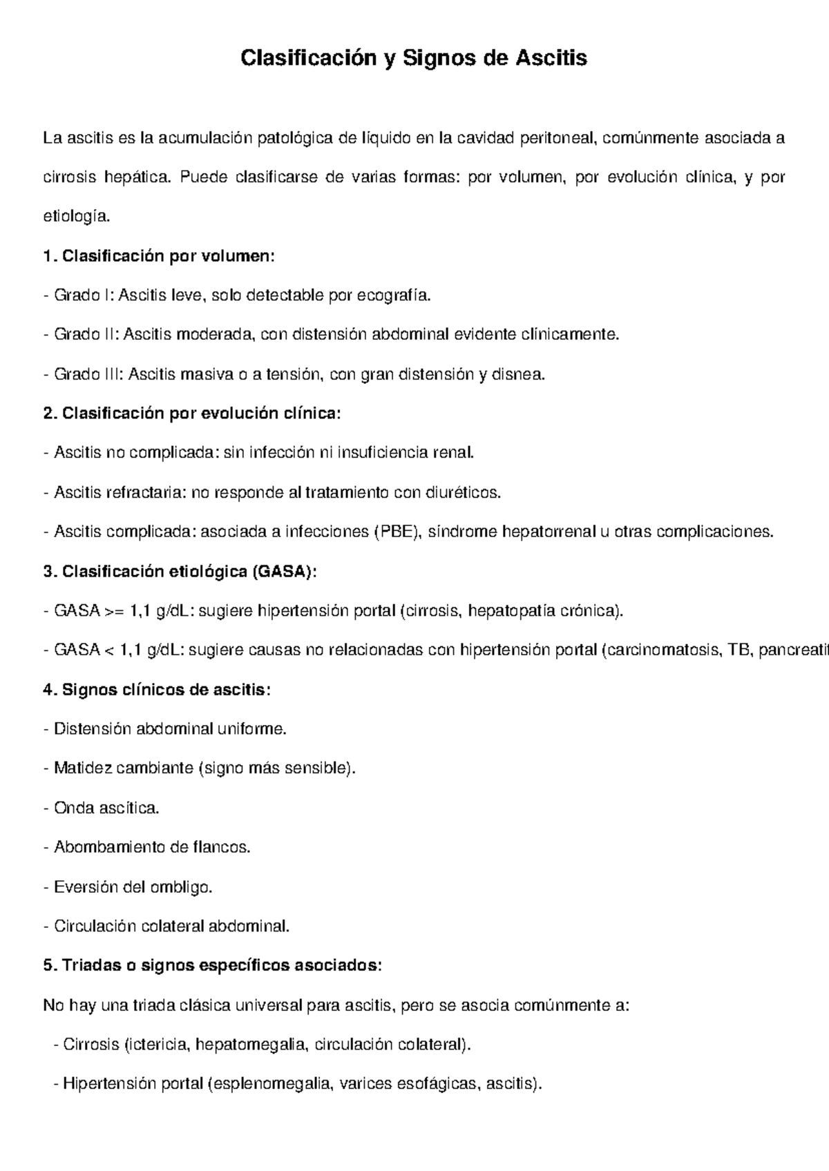 Clasificación y signos clínicos de ascitis en medicina - Studocu