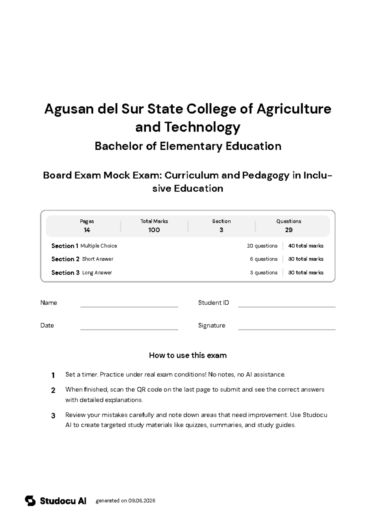 Board Exam Mock Exam: Curriculum and Pedagogy in Inclusive Education ...