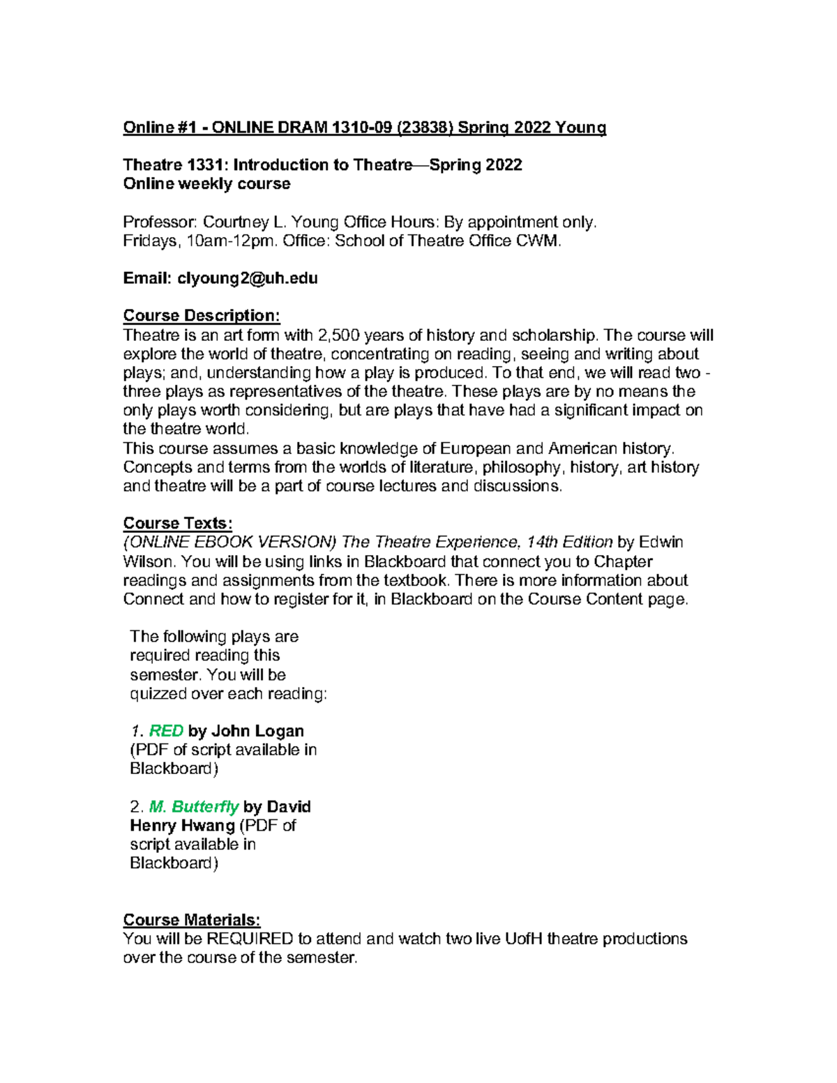DRAM 1310 Sample Syllabus: Introduction to Theatre Spring 2022 - Studocu