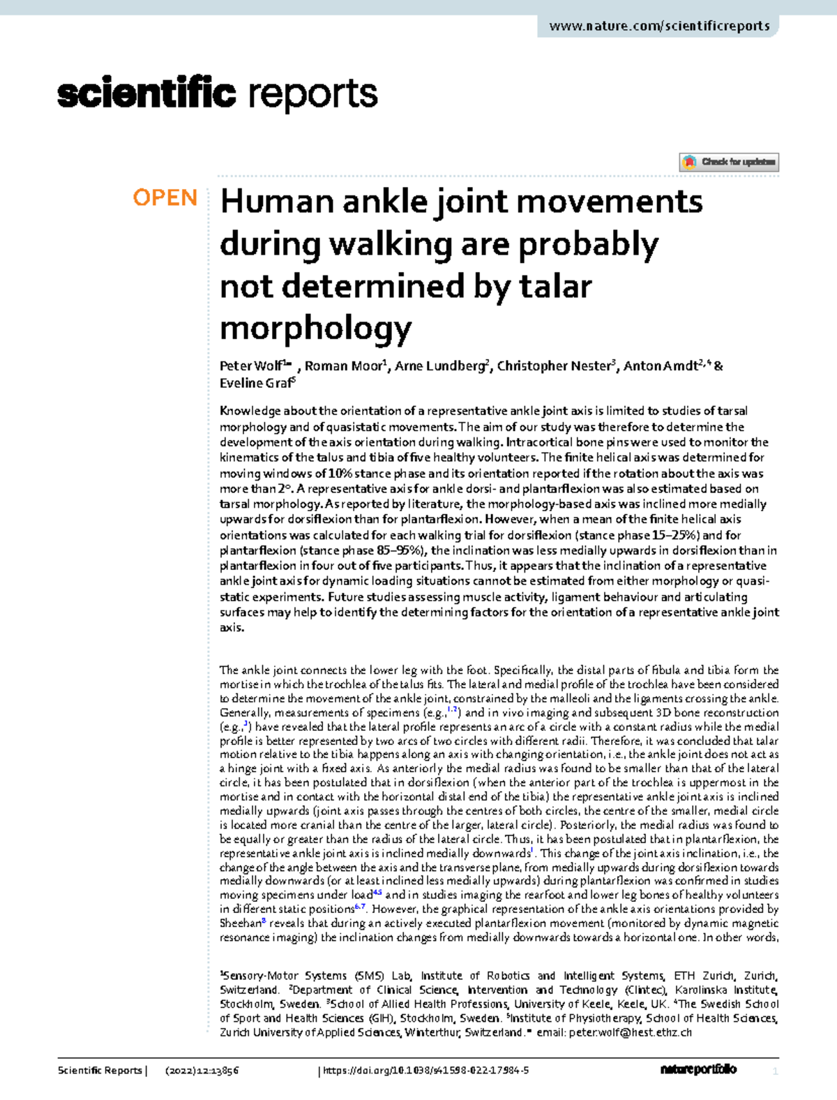 Ankle Joint Axis Orientation During Walking: Insights from Talar ...