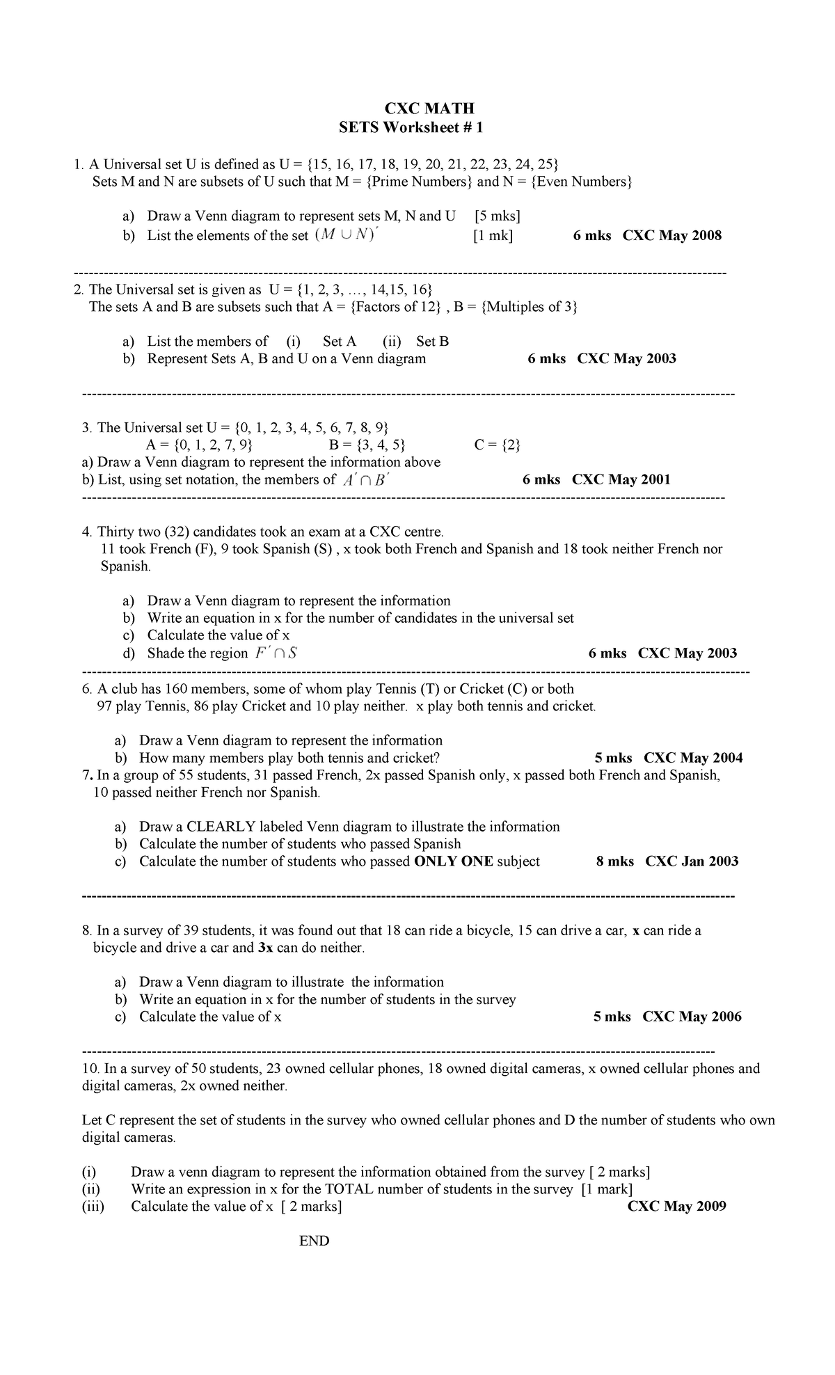 CXC MATH SETS Worksheet: Venn Diagrams & Subset Problems - Studocu
